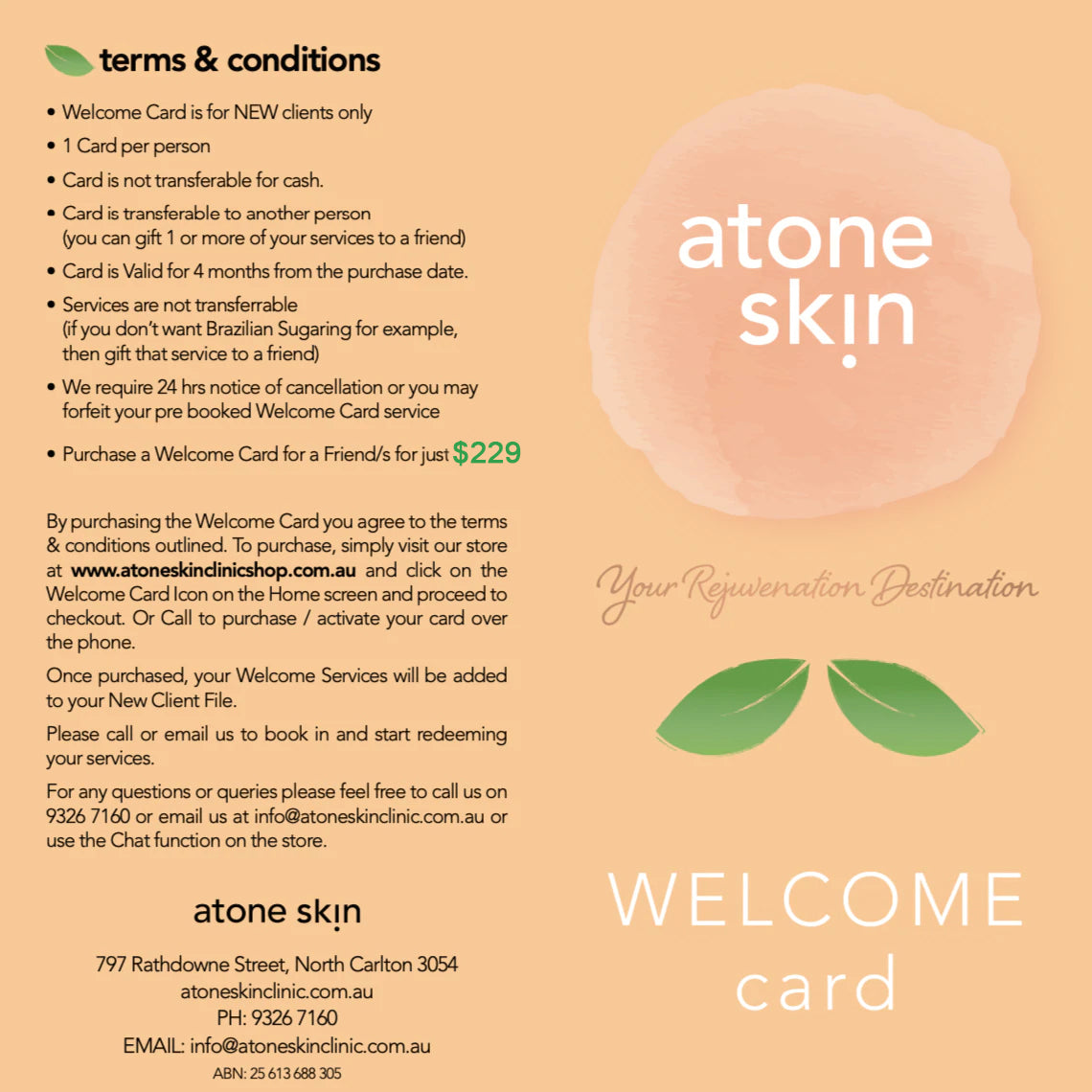 New Client Welcome Card — Atone Skin Clinic